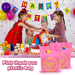KDPATFAV 70 PCS 9" x 12" Plastic Merchandise Bags Shopping Bags with Thank You Logo Boutique Bags with Handles for Birthday Party Baby Shower Wedding Trade Shows and More (Pink)