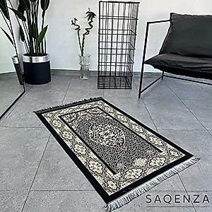 SAQENZA Muslim Prayer Rug Double Sided - Prayer Mat 3 Pieces Set - Gift Kufi Hat - Gift Prayer Beads ( 99 ) - Muslim Gifts for Men , Women and Kids ( Black )