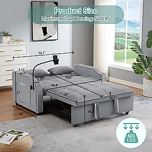 Lakifun Convertible Sleeper Sofa Bed, Modern Velvet Loveseat w/Pull Out Couch, 54.7" Loveseats Sofa w/Adjsutable Backrest, Cup Holders and USB Port, Swivel Phone Stand,Grey