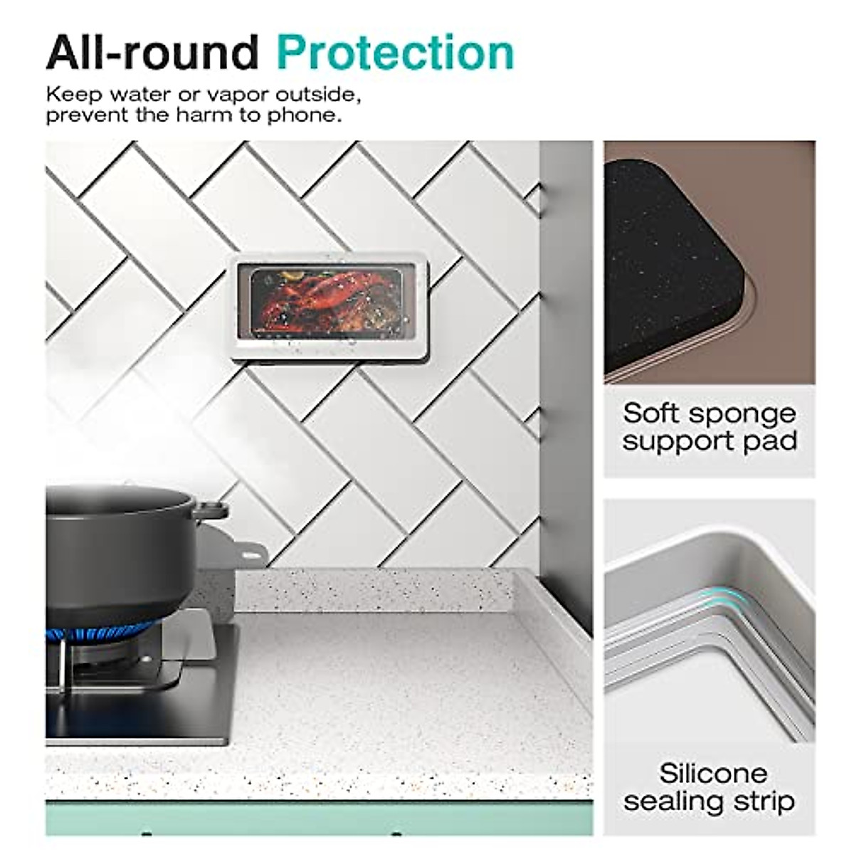 MoKo Shower Phone Holder, Waterproof Phone Wall Mount for Bathroom Bathtub Kitchen with Touchable Screen Wall Stickers Fit with iPhone 14/14 Pro, Galaxy S21, Smartphone up to 6.8", White & Chocolate