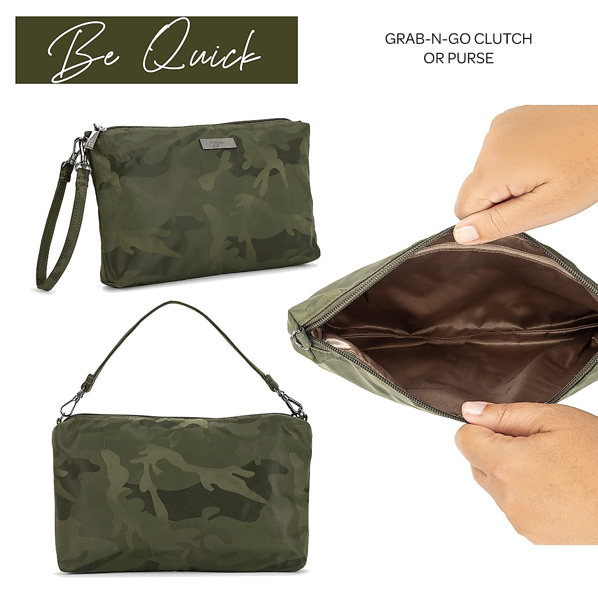 JuJuBe | Be Quick Shoulder Bag/Wristlet Purse Organizer for Travel or Diaper Bag | Camo Green