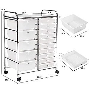 RIVALLYCOOL 15-Drawers Rolling Storage Cart, Mobile Book Paper Organizer Utility Trolley with Wheels, Ideal for School, Office, Home (Clear)
