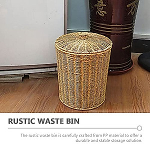 Zerodeko Small Trash Can, Imitation Rattan Woven Waste Bin with Lid, Waste Basket for Bedroom, Office, Kitchen, Boho Round Garbage Can Plastic Sundries Holder Laundry Basket for Bathroom