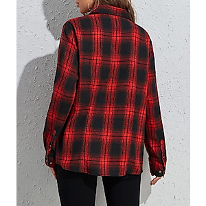 MARZXIN Plaid Flannel Shirt for Women Oversized Long Sleeve Button Down Shirts Casual Loose Blouse Tops Black Red Plaid L