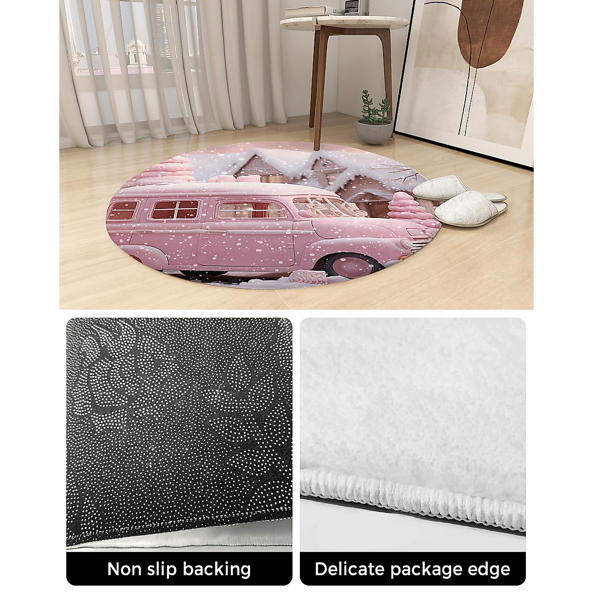 Christmas Fluffy Round Area Rug Carpets 3ft, Plush Shaggy Carpet Soft Circular Rugs, Non-Slip Fuzzy Accent Floor Mat for Living Room Bedroom Nursery Home Decor Blush Pink Farmhouse Winter Truck