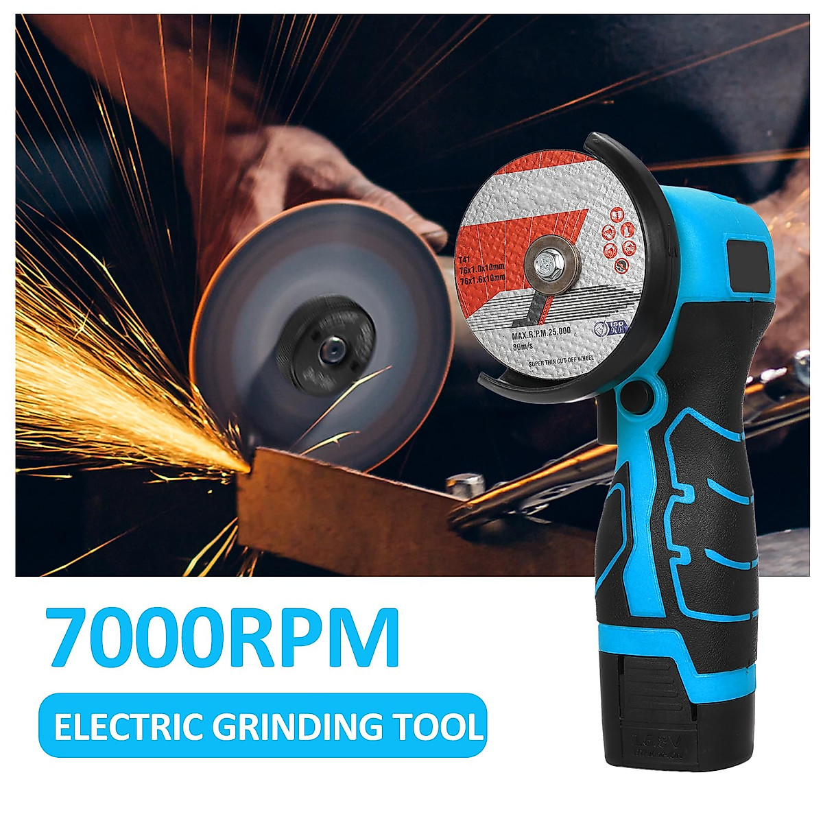 Mulcort Cordless Brush Angle Grinder Kit, 7000rpm Mini Electric Angle Grinding Tool, 2x16.8V 2000mAh Batteries and 6pcs Discs, Grinder Handheld Cutter for Metal Wood(Blue)