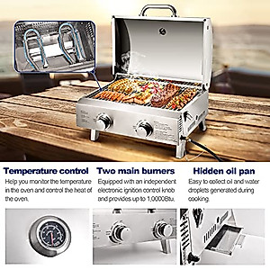 ARC Portable Gas Grill, Stainless Steel 20,000 BTU Two-Burner Tabletop Propane Grill for Outdoor Camping Cooking with Travel Locks and Built in Thermometer
