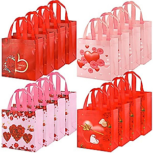 Valentines Day Gift Bags Reusable Shopping Bag Heart Rose Valentine Tote Bag Non Woven Treat Bags with Handles for Valentine's Day Wedding Party Supplies Gifts Wrapping, 9 x 8.7 x 4 Inch (16 Pieces)