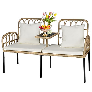 ENSTVER Outdoor Loveseat Rattan with Built-in Table, 2 Seats Patio Bench with Cushions and Lumbar Pillows, Small Patio Couch for Backyard, Porch, Deck, Garden