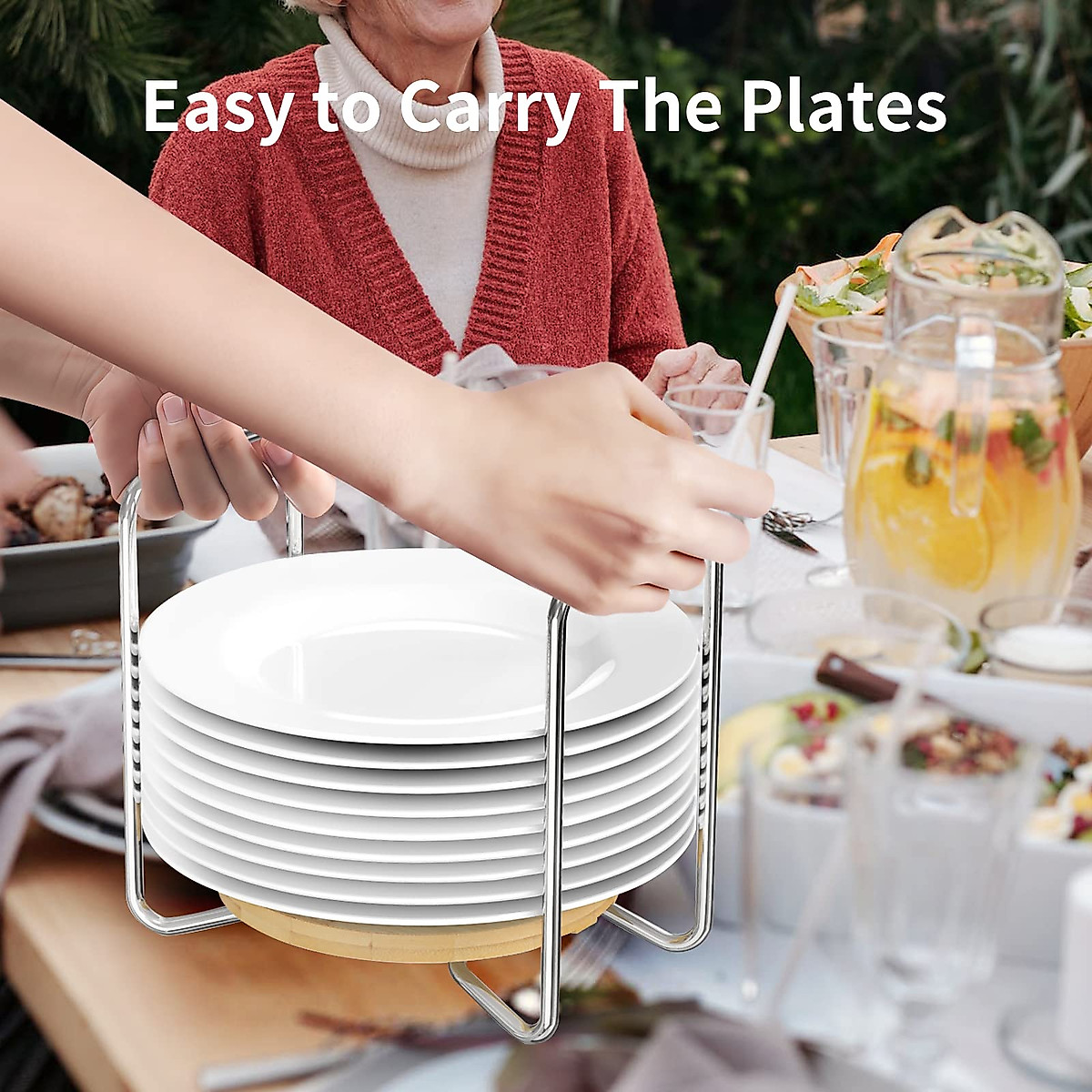 Bamboo Plate Holders for Dinner Plates, 2 Pack Adjustable Stainless Steel Plate Dish Rack Organizer with Portable Handle for Kitchen Drawer, Countertop, Cabinet, Shelf, Cupboard (Small and Large)