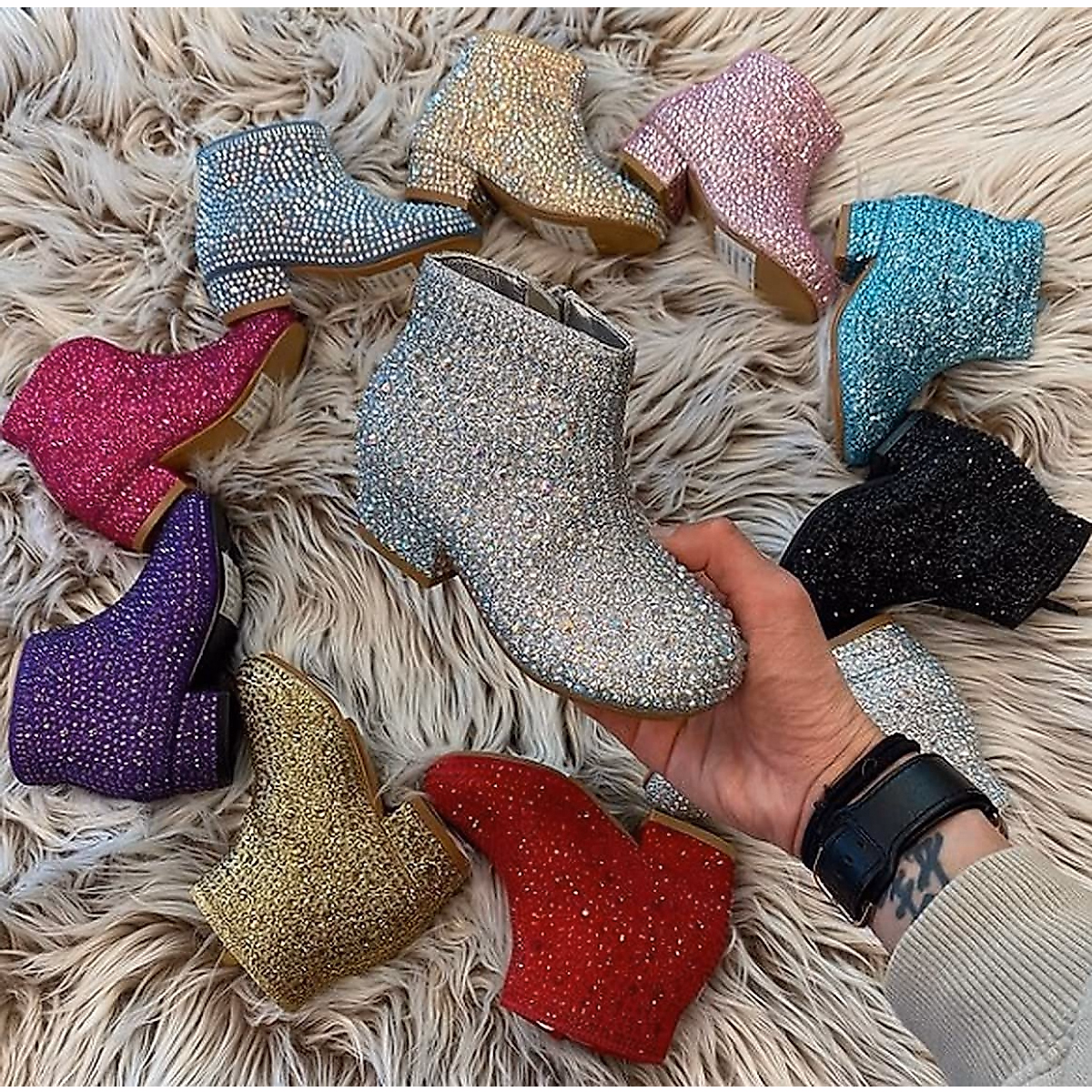 Forever Girls Rhinestone Boots Kids Low Heel Dress Booties Iceberg-12K Shoes Gold Rhinestone 2