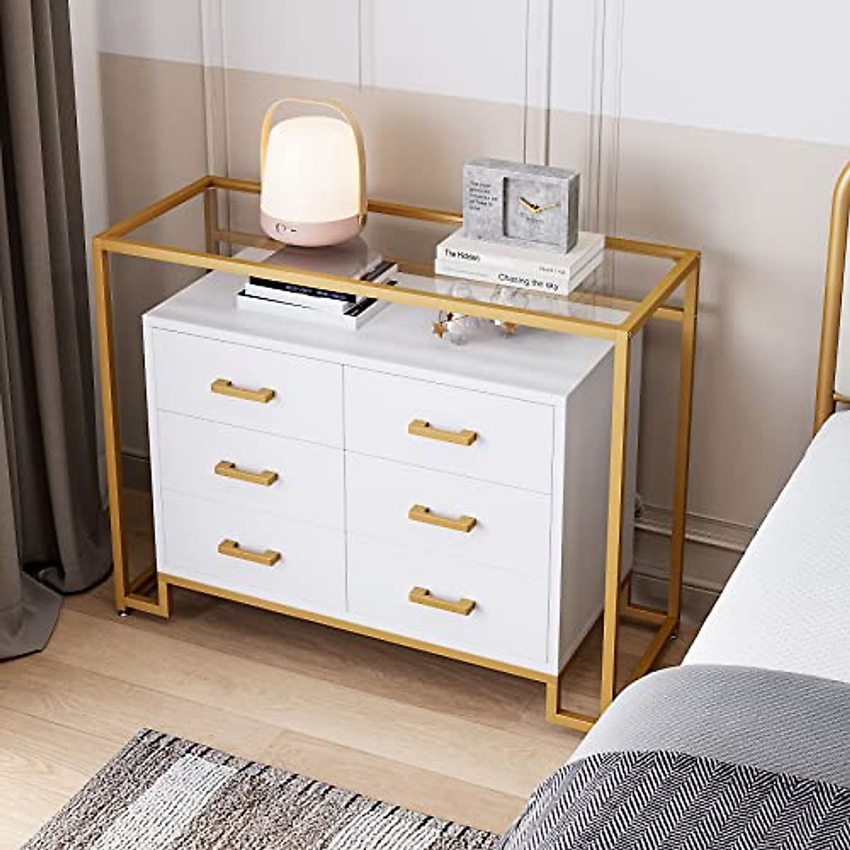 Senfot 6 Drawer Dresser, Wood Dresser Chest with Wide Storage Space, Steel Frame & Tempered Glass Top, Storage Tower Clothes Organizer, Large Storage Cabinet for Bedroom, Living Room