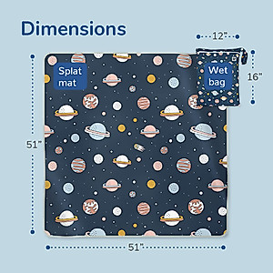 WildCubz 51" Heavy Duty Baby Splat Mat for Under High Chair | Includes Wet Bag | Premium Washable Toddler Mat | Baby Led Weaning | High Chair Mat for Floor | Craft Mat | Splash Mat (Space)
