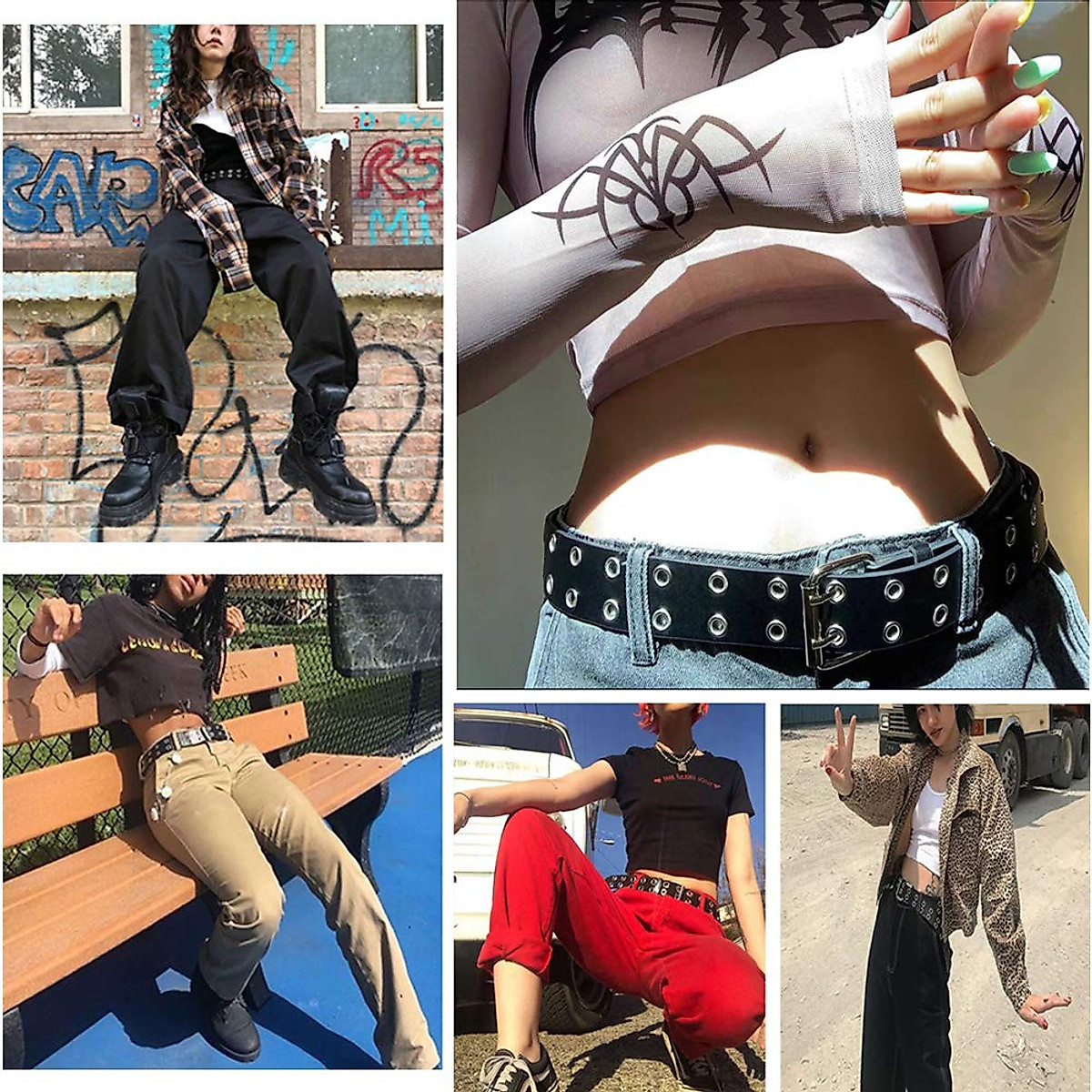 YUCFOREN Double Grommet Punk Leather Belt Unisex 2 Hole Fashion Jeans Belt