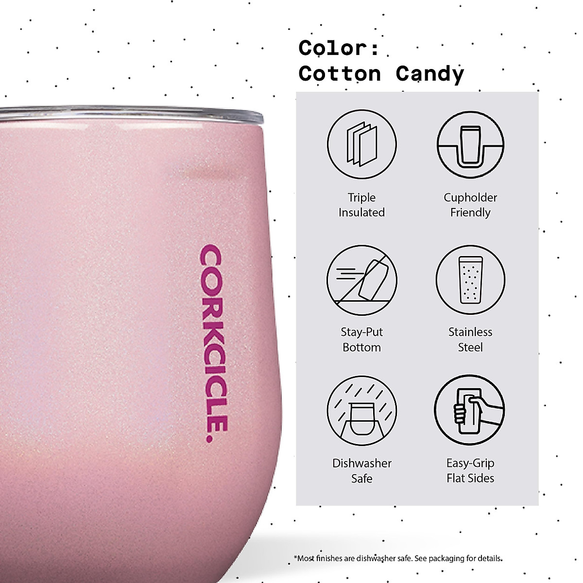 Corkcicle Stemless Insulated Wine Glass Tumbler, Cotton Candy, 12 oz – Stainless Steel Stemless Wine Glass Keeps Beverages Cold for 6 Hours, Hot for 3 Hours – Non-Slip, Easy-Grip Insulated Cup
