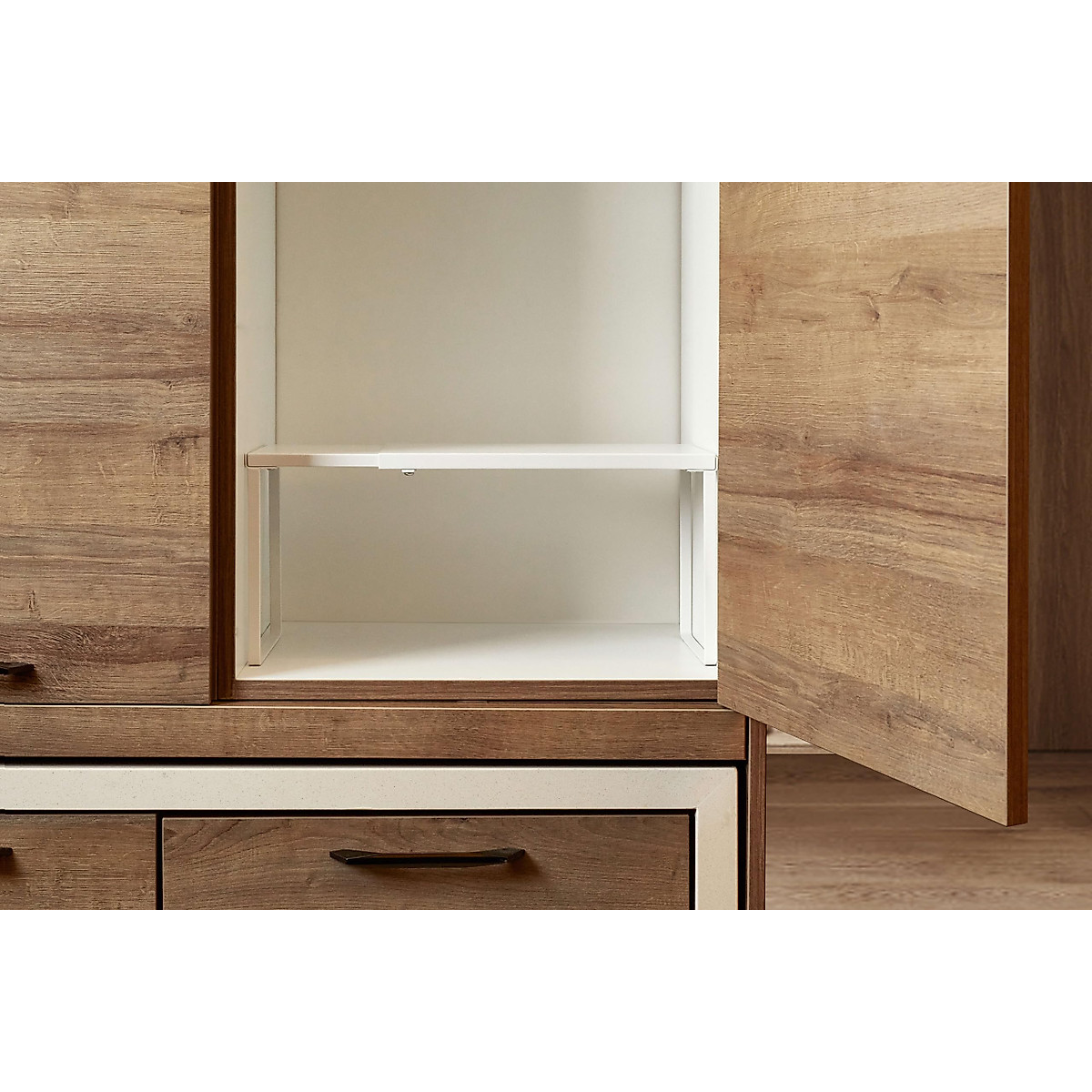 Nxconsu Cabinet Shelf Expandable Organizer Riser Rack for Kitchen Pantry Cupboard Under Sink Countertop Home Organization Extra Storage Space Saver Heavy Duty Metal Edgeless Design White