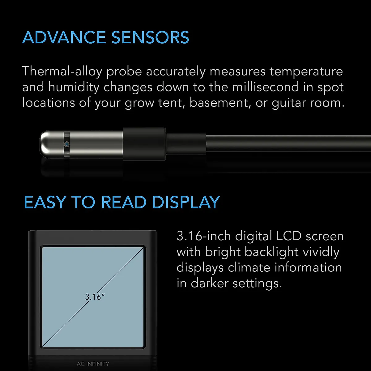 AC Infinity CLOUDCOM B1, Temperature Humidity VPD Smart Hygrometer with LCD Display & Bluetooth App Monitor, Climate Gauge Thermometer Sensor Probe for Basements, Guitar Rooms, Grow Tents, Greenhouses