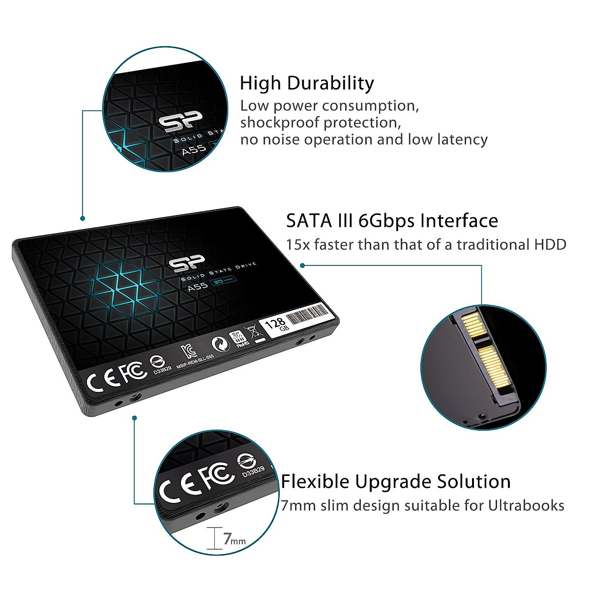 Silicon Power 128GB SSD 3D NAND A55 SLC Cache Performance Boost SATA III 2.5" 7mm (0.28") Internal Solid State Drive (SU128GBSS3A55S25AH)
