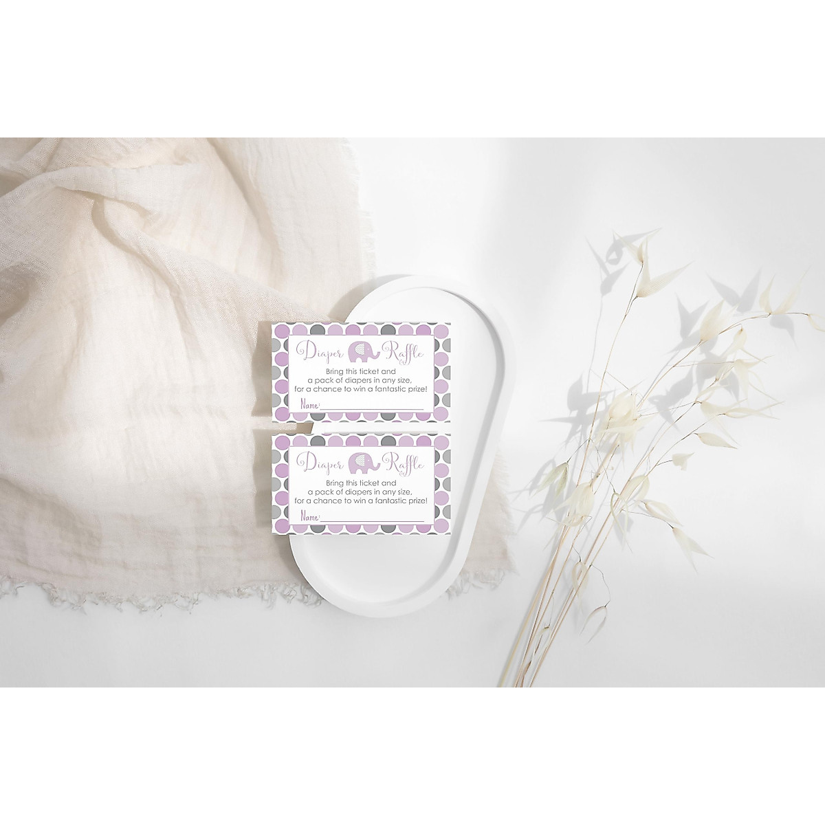 Purple Elephant Diaper Raffle Tickets, Girls Baby Shower Games for Prizes, Baby Shower Diaper Raffle Invitation Insert Cards, 25 Pack