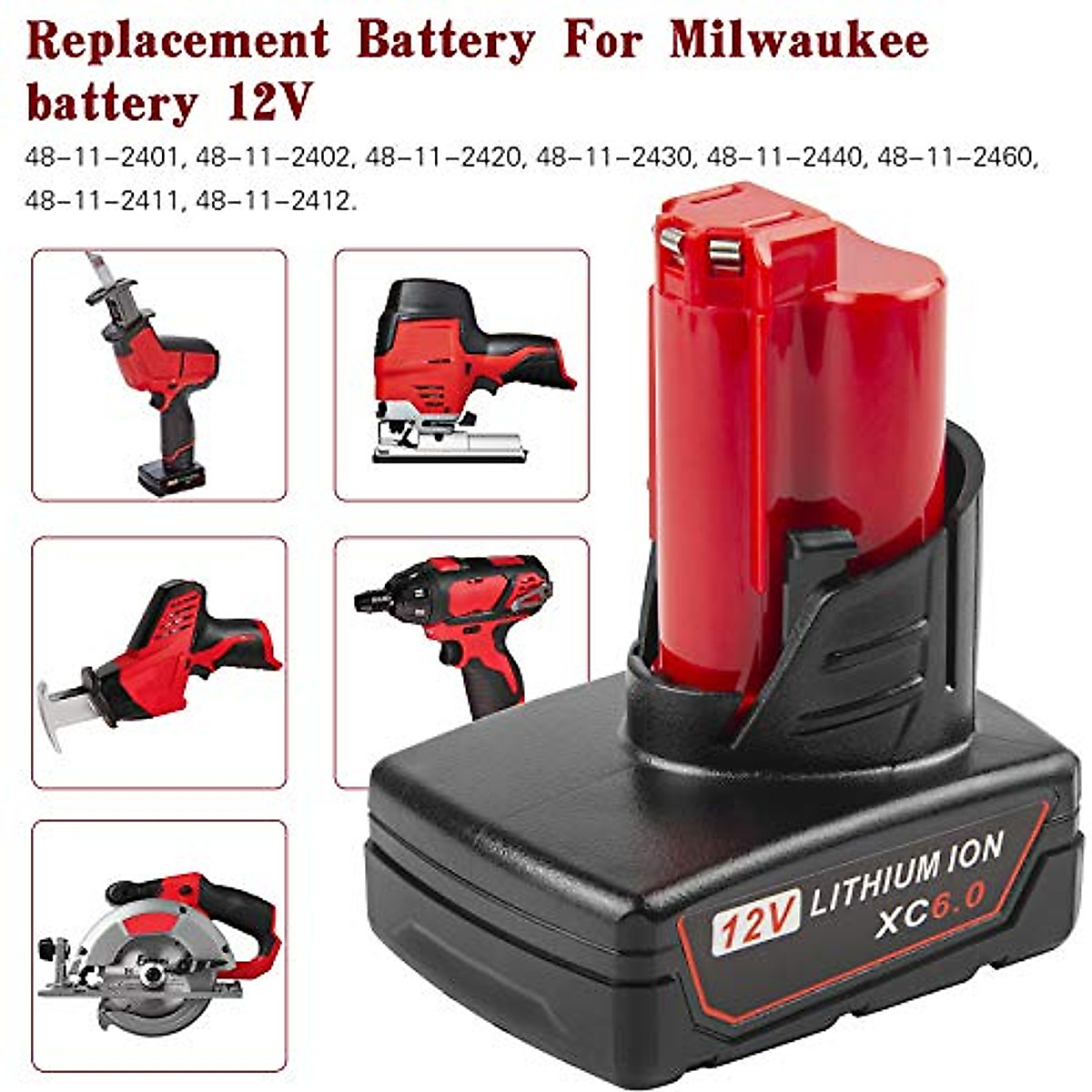 Labtec 2Packs M12 Battery 12V 6000mAh Lithium Battery Replacement for Milwaukee 12V Battery 48-11-2410 48-11-2420 48-11-2411 48-11-2401 48-11-2402 Cordless Power Tools Battery