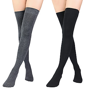 Zando Womens Long Knee High Socks Over the Knee Socks Plus Size Thigh High Stockings Cotton High Long Socks Solid Thigh Highs for Thick Thighs Non Slip Knee High Socks Black & Dark Gray