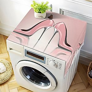 Pink High Heel Shoes Butterfly Washing Machine Cover, 51''x22'' Non Slip Washer Dryer Top Cover Mat for Front Load Waterproof Refrigerator Fridge Dust Proof Cover with 4 Storage Bags Home Decor
