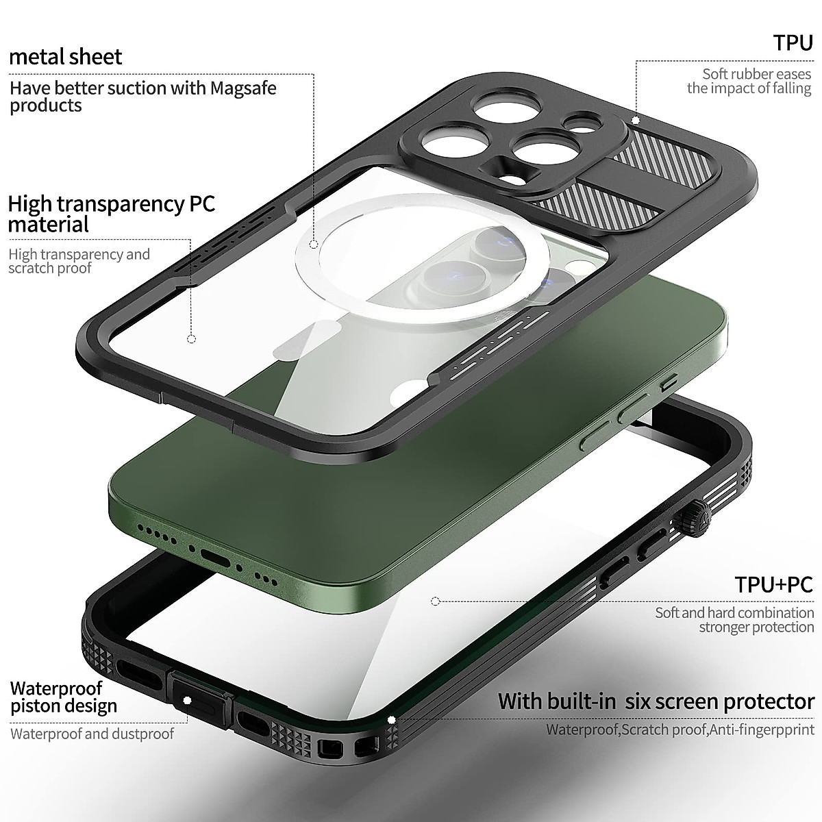 comosso for iPhone 14 Pro Case Waterproof, Built-in Screen Protector Full-Body Rugged Sealed Cover Shockproof Dustproof Waterproof Case for iPhone 14 Pro 6.1 inch (Black+Clear)