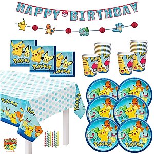 Pokémon Party Supplies and Decoration Pack Serves 16: Jumbo Birthday Banner, Dinner Napkins, Dinner Plates, Cups and Table Cover with Birthday Candles (Bundle for16)