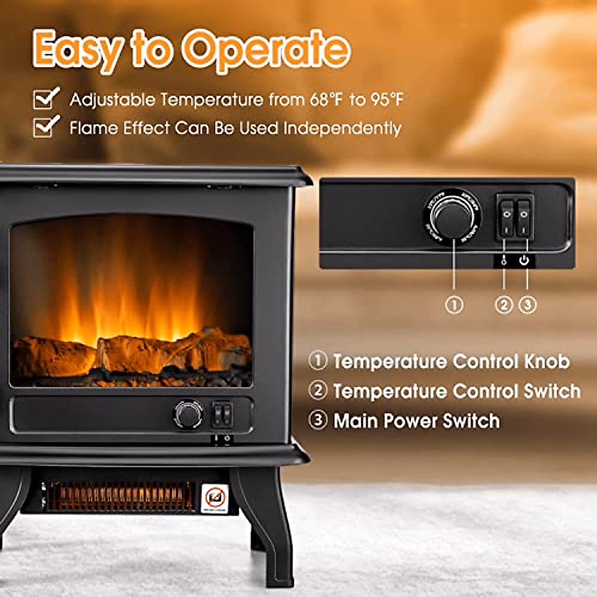 Fireplace Heaters for Indoor Use, Freestanding Electric Infrared Heater, 20" Portable 1500W/4780BUT Stove Heater w/Adjustable Thermostat, 3D Realistic Log Flame, CSA Certified, Overheat Protection