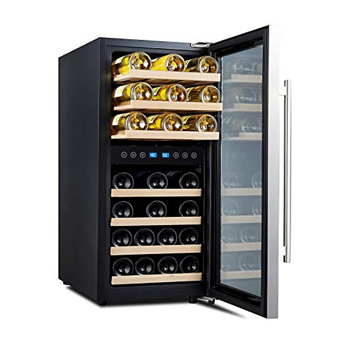 Phiestina Dual Zone Wine Cooler Refrigerator, 33 Bottle Free Standing Compressor Fridge and Chiller for Red and White Wines, 16'' Glass Door Wine Refrigerator with Digital Memory Temperature Control