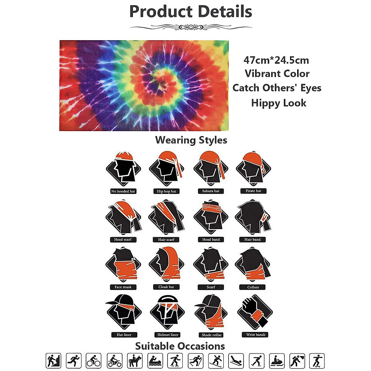 VALIJINA Hippie Costume Set Sunglasses Peace Sign Earrings Tie Dye Headband Bandana 60s or 70s Hippie Accessories