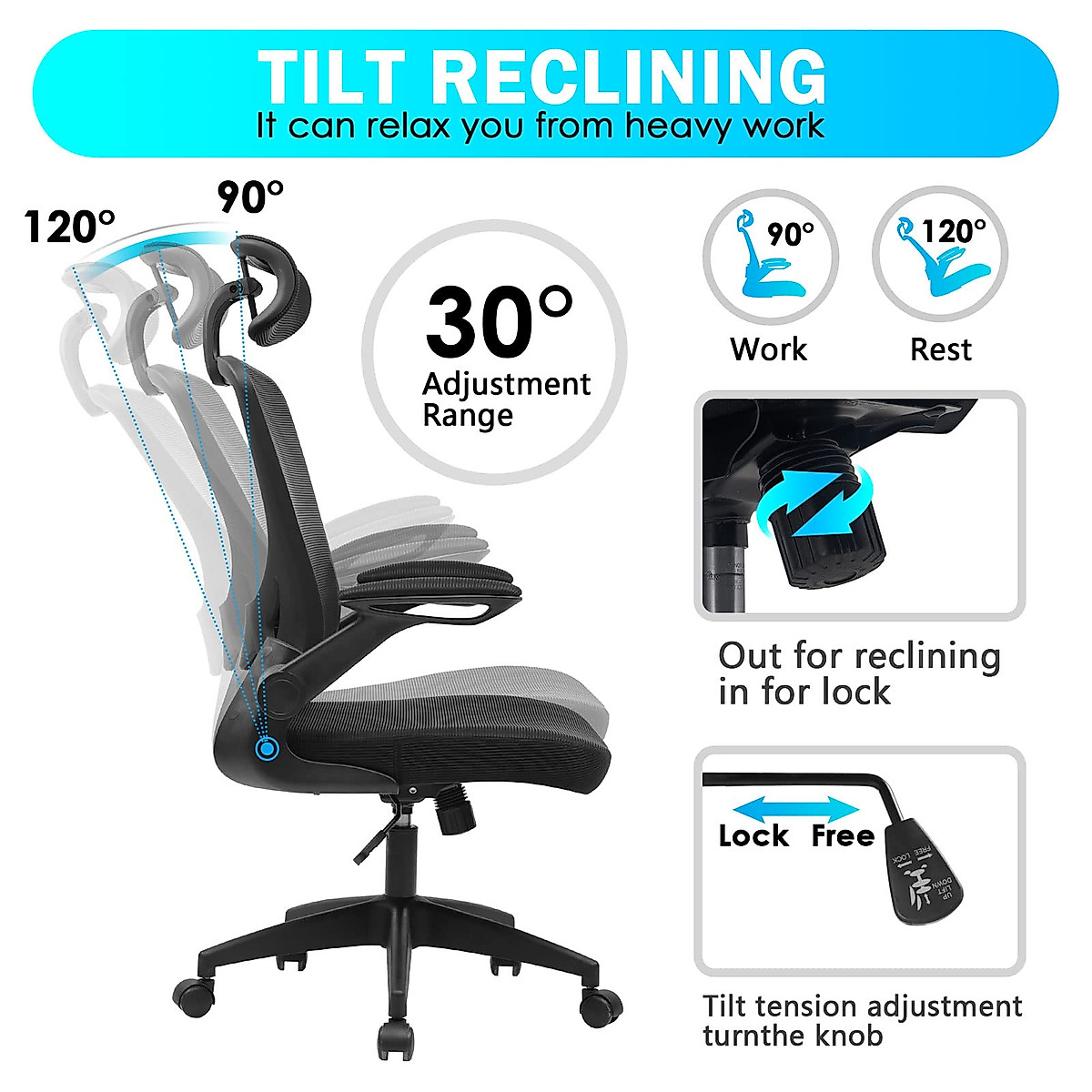 COLOY Ergonomic Office Chair, Breathable Mesh Desk Chair, Lumbar Support Computer Chair with Headrest and Flip-up Arms, Swivel Task Chair, Adjustable Height Gaming Chair(Black)(9060H,Black)