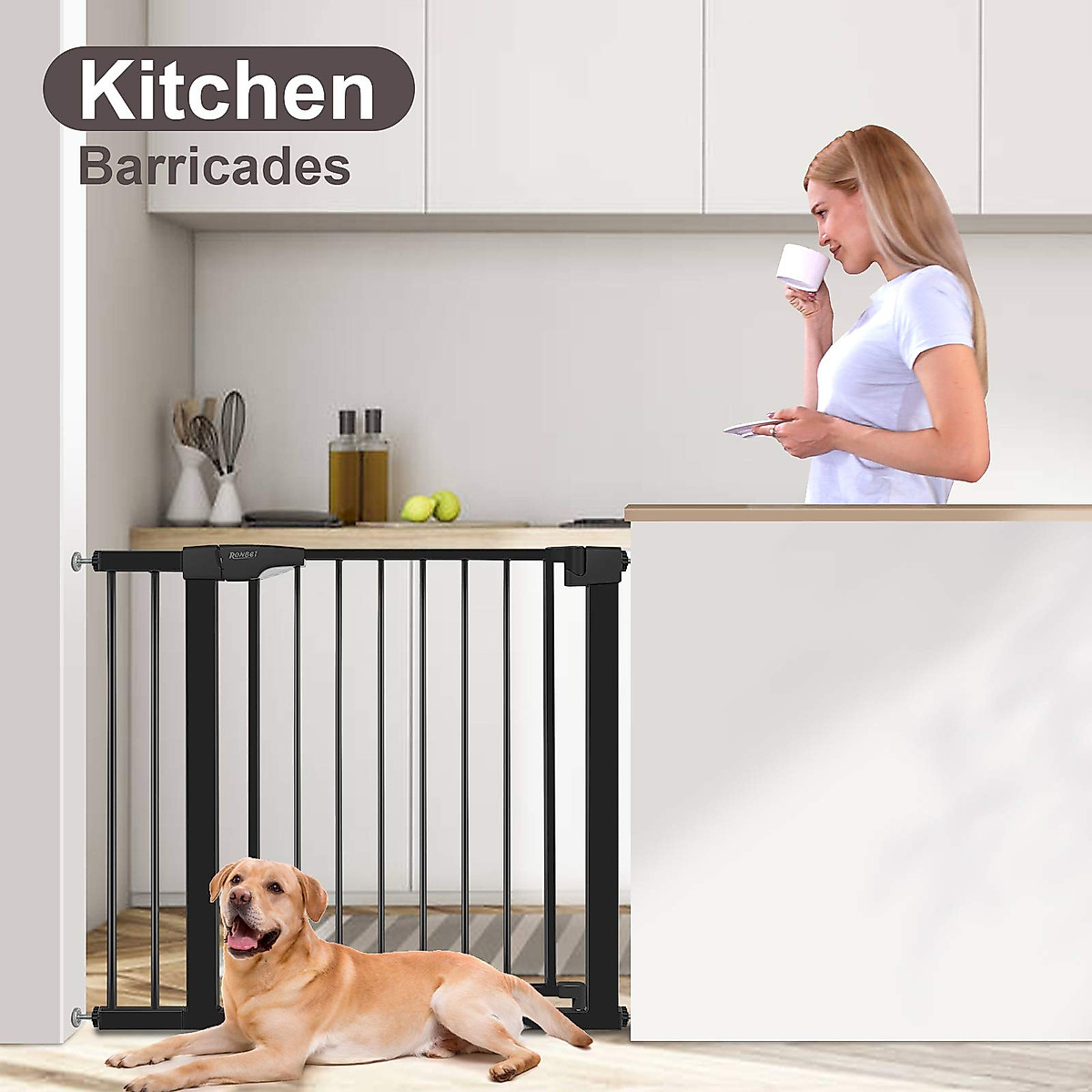 Walk Thru Baby Gates for Doorway and Stair, RONBEI Auto Close Pressure Mounted Wide Indoor Safety Gate for Opening 35''-37.8'' or 29.53''- 31.5'', Height 30", Ideal Barrier for Toddler and Small Dogs