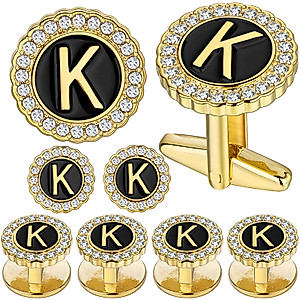 18K Gold Tone Initial Cufflinks for Men With Tuxedo Studs - Gift Boxed, Personalized Men's Jewelry Accessories for Weddings, Birthdays, Anniversaries, Father's Day
