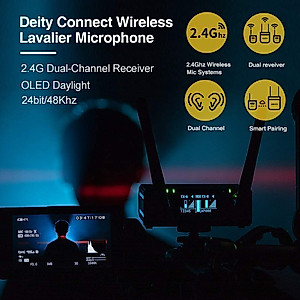 Deity Connect 2.4G Wireless Lavalier Microphone, Dual-Channel Receiver & Two Transmitters, OLED Daylight Display Screen, 24bit/48Khz Uncompressed Audio