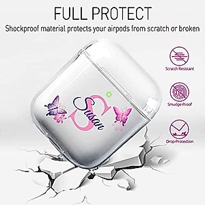 Custom Name & Initial Crystal Clear Airpods Case for Apple AirPod 1 and 2nd Generation，Thin Shockproof Protective Customized Transparent Case（Purple Butterfly）