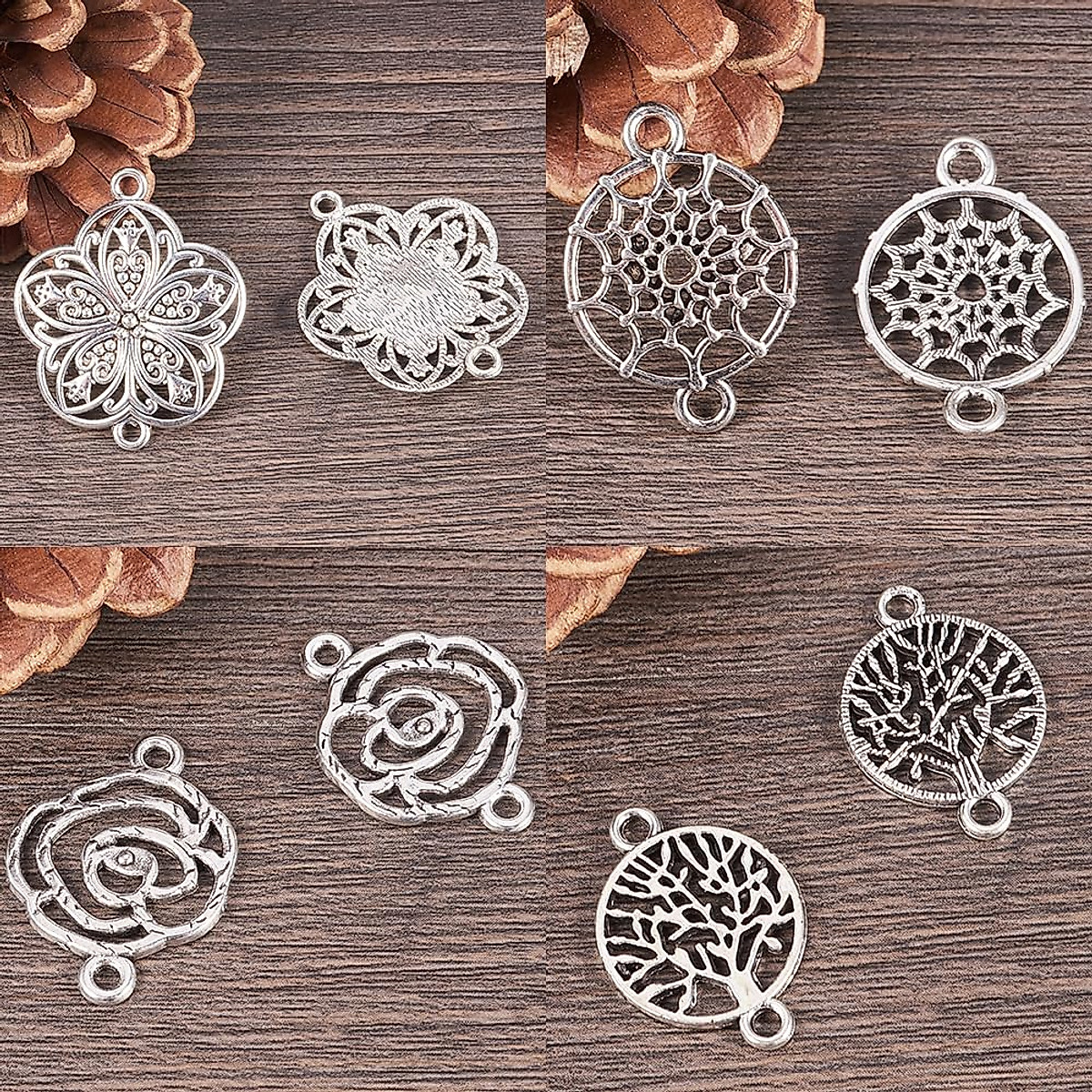 SUNNYCLUE 1 Box 60pcs Assorted Connector Charms Flower Tree of Life Charms Dream Catcher Antique Silver Chakra Heart Linking Connectors Charm for Jewelry Making Charms DIY Craft Supplies Accessories