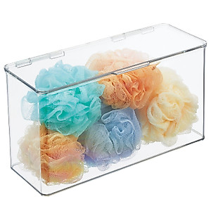 mDesign Plastic Bathroom Storage Organizer Box Containers with Hinged Lid for Vanity Drawers - Holds Lotions, Face Towels, Cotton Swabs, Soap, or Accessories - Lumiere Collection - 4 Pack - Clear