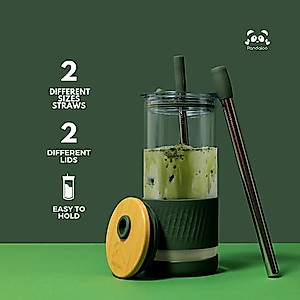 Pandaloo Glass Cups With Lids and Straws -20 Fl Oz- Perfect Size Iced Coffee Cup - Smoothie Cup With Bamboo Lid and On the go Lid - Glass Tumbler With Straw (1 Count (Pack of 1), Tender Pink)