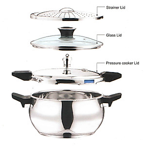 Vinod 18/8 Stainless Steel Outer Lid Magic Pressure Cooker - 3.5 L with Pressure Cooker Lid, Straining Lid and Glass lid (Induction and Gas Stove Friendly), Silver
