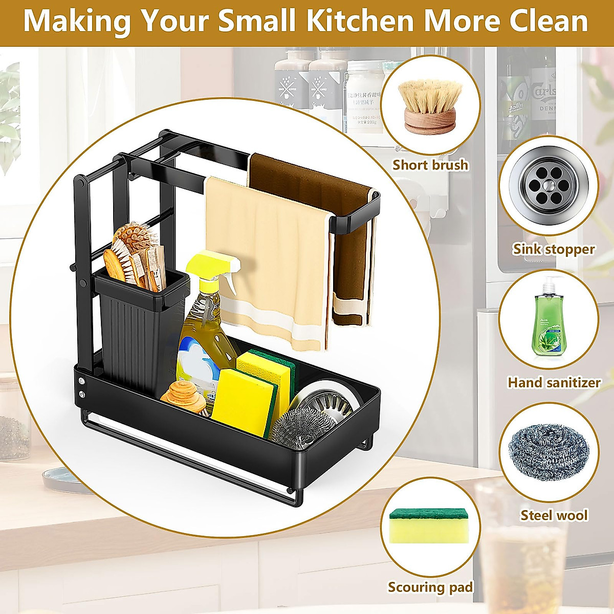 Yawinhe Sponge Holder, Sink Caddy Organizer with Detachable Brush Rack, Kitchen Accessories for Organization, Stainless Steel, Black