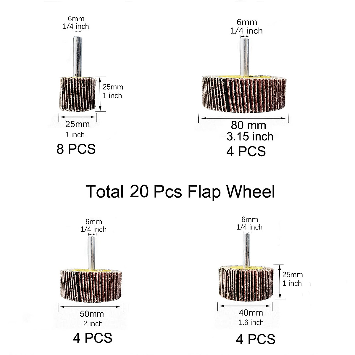 Tonmp 20 Pack 4 Sizes (1"/1.5"/2"/3") 1/4" Abrasive Flap Wheel Sander Set - 40/60/80/120 Grits Mounted Flap Wheels, Aluminum Oxide Sanding Flap Wheel Sander for Removing Rust and Polishing