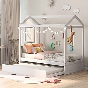 Twin Size House Bed with Trundle, Wooden Daybed for Toddlers, Teens, Girls, Boys, Kids House Bed Frame Can Be Decorated (White)