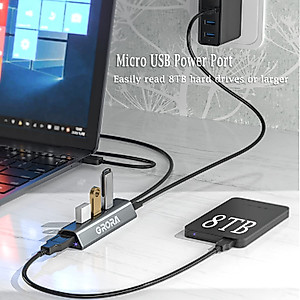GRORA 4-Port USB Hub, Aluminum Alloy Data USB 3.0 hub with 2.5 ft Extended Cable and USB Adapter, Suitable for Mac Pro, iMac, PC, MacBook, laptops, iPad, PS4/5, Mobile HDD, Flash Drive, and More