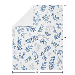 Sweet Jojo Designs Floral Leaf Baby Boy Girl Blanket Receiving Security Swaddle Newborn Toddler Nursery Stroller Soft Minky - Blue Grey White Boho Watercolor Botanical Flower Woodland Tropical Garden