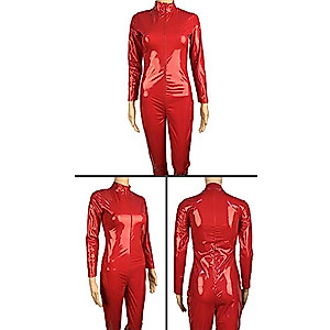 FEOYA Womens Wet Look Zipper Cat Suit Latex Catsuit Patent Leather Bodysuit Metallic Jumpsuit One Piece Party Clubwear Skinny Stretch Pvc Outfits Red, 2XL