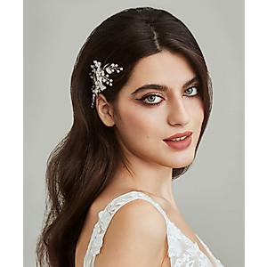 SWEETV Silver Bridal Hair Comb for Wedding Hair Accessories, Handmade with Crystals, Pearls, and Leaves, 4.72 x 2.75 inches, for Brides, Women