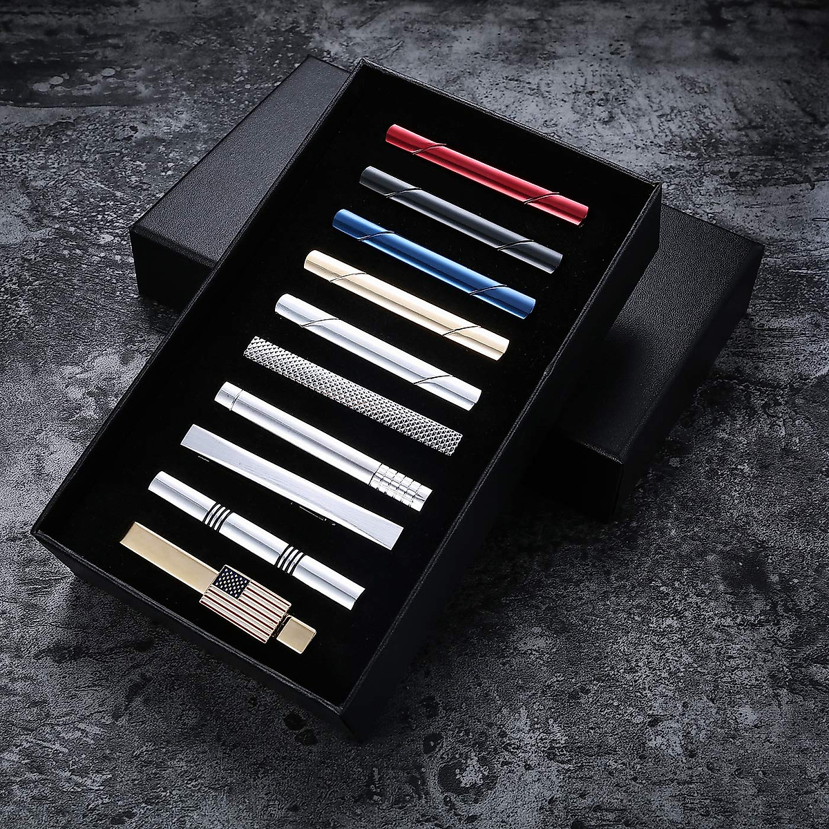 Finrezio 10 Pcs Tie Clips for Men Tie Bar Clip Set for Regular Ties Black Gold Red Navy Blue Silver American Flag Necktie Wedding Business Clips with Gift Box