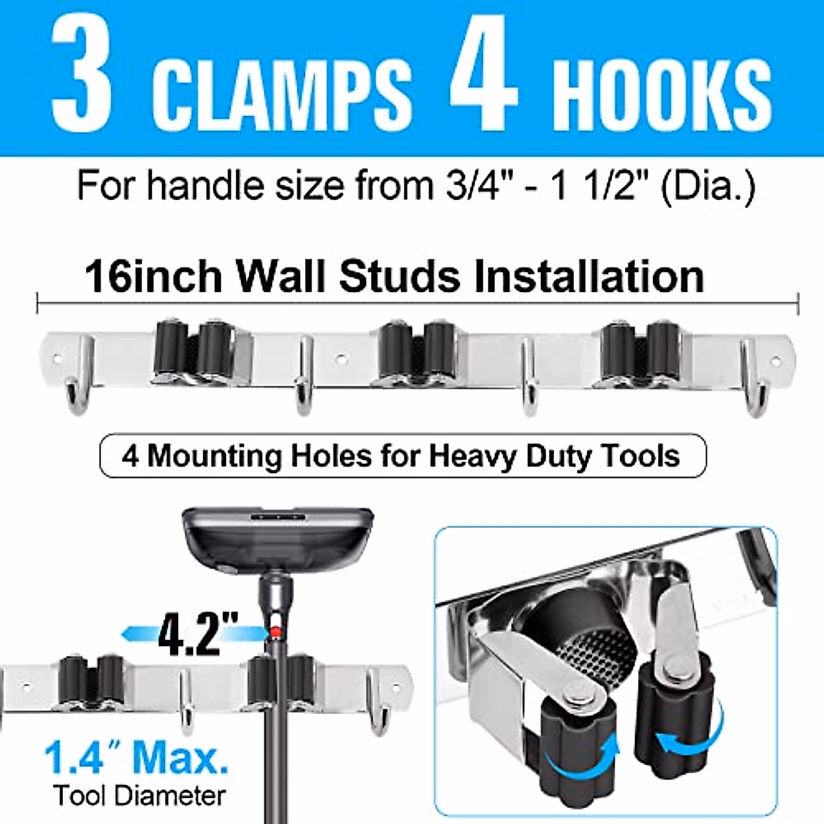 Tskcos Mop and Broom Holder Wall Mount Heavy Duty, Sturdy Stainless Steel Broom Garden Garage Tool Organizer, Mop Broom Hooks Hanger Storage Rack for Home Organizing (3 Racks 4 Hooks)