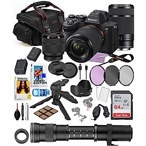 Sony a7 IV Mirrorless Camera with 28-70mm & 55-210mm Lens Bundle + 420-800mm Lens + Commander Optics Accessories Including Filters, Grip Strap + Sandisk 64GB Memory, Software Package & More (Renewed)